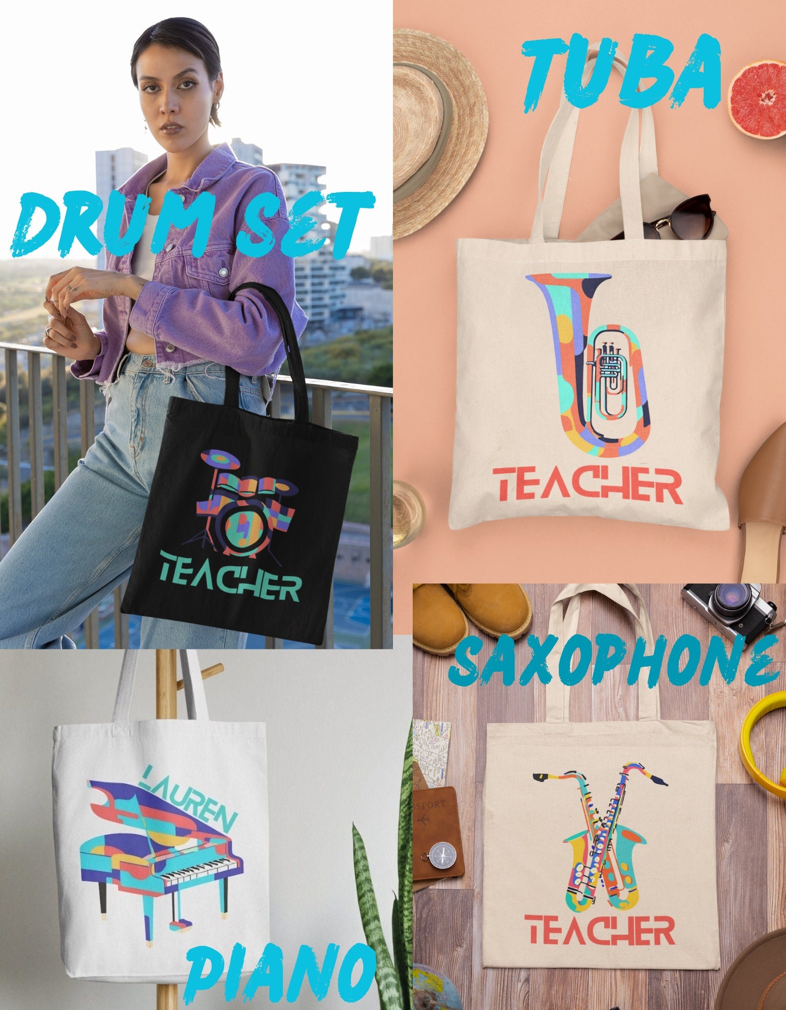 Personalized Music Teacher Tote Bag, Custom Name Music Tote Bag, Music ...
