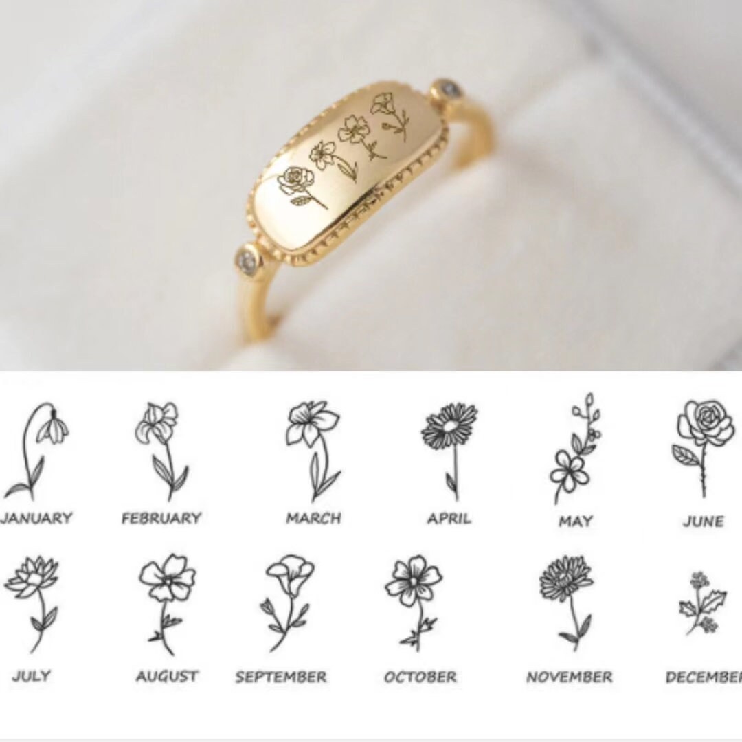 12 Birth Month Flower Ring, Personalized Birth Flower Jewelry, Custom ...