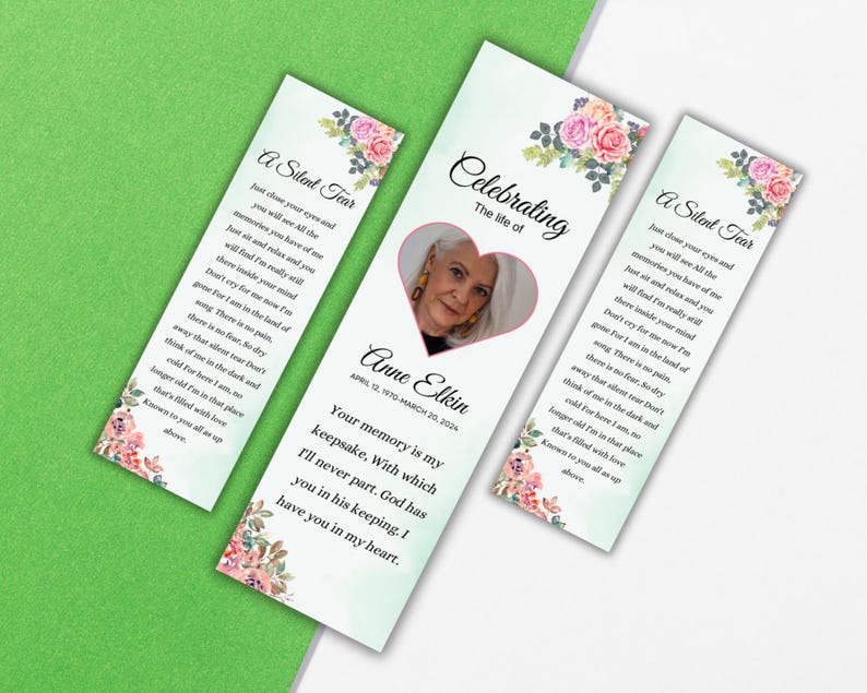 Floral Memorial Bookmark Template, Editable Funeral Keepsake (digital ...