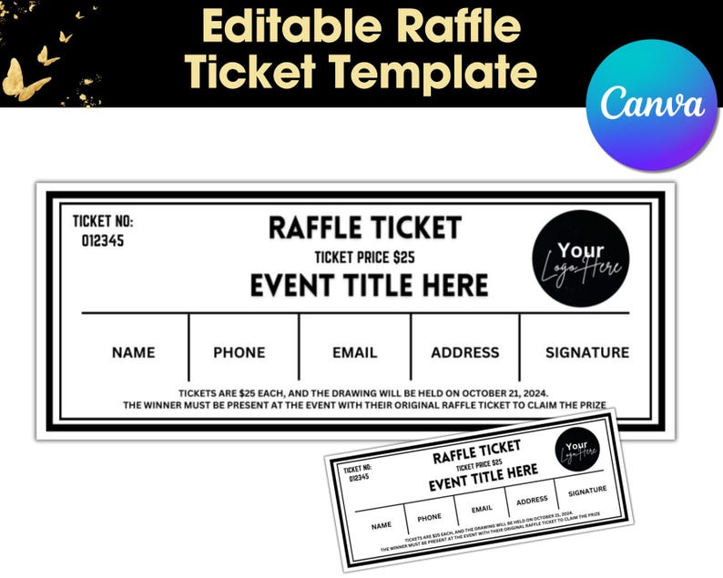 Printable Raffle Ticket Template, Editable Event Raffle Tickets, Black ...
