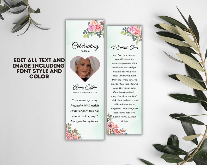 Floral Memorial Bookmark Template, Editable Funeral Keepsake (digital ...