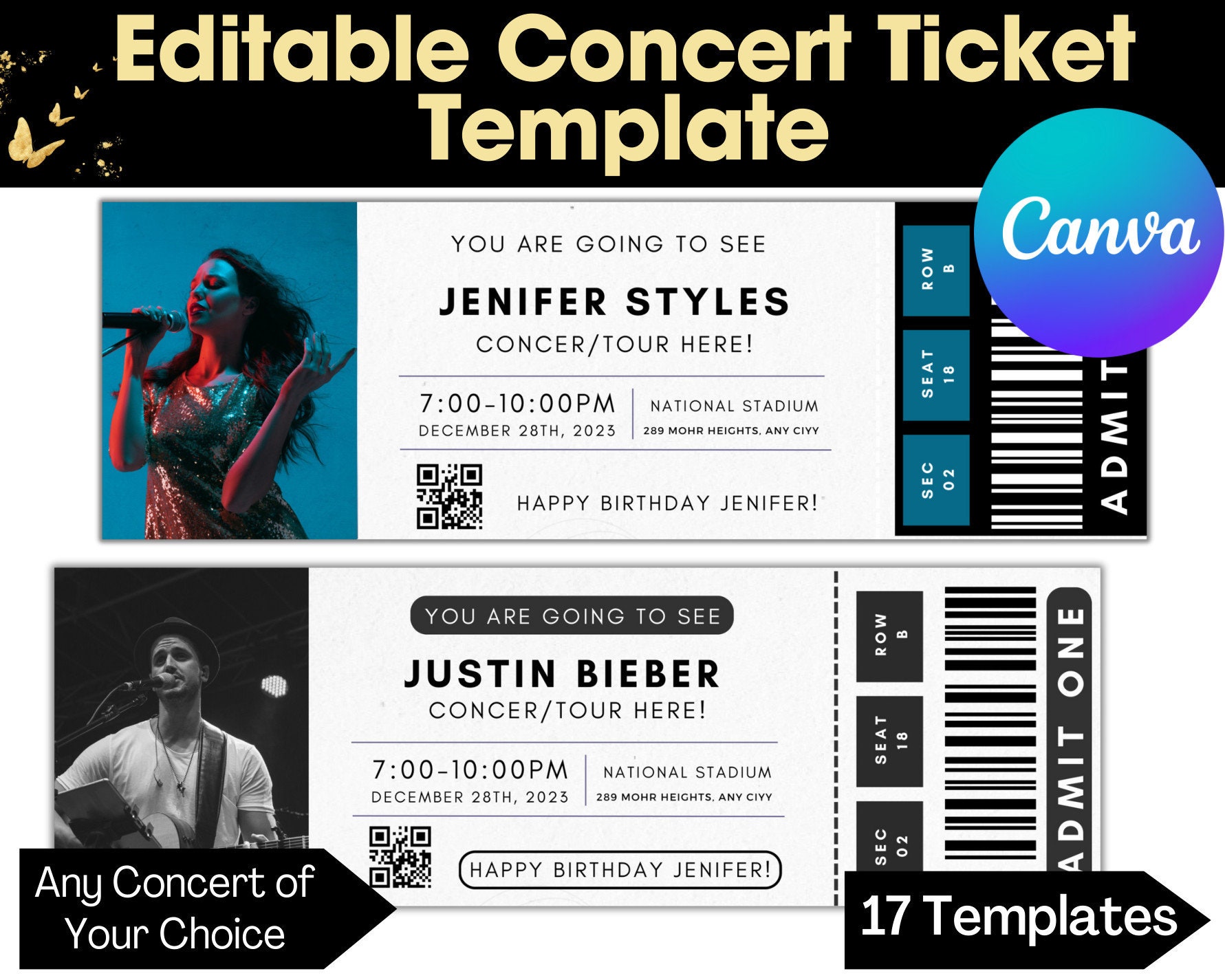 Editable Concert Ticket Template, Custom Concert Ticket Gift, DIY Event ...