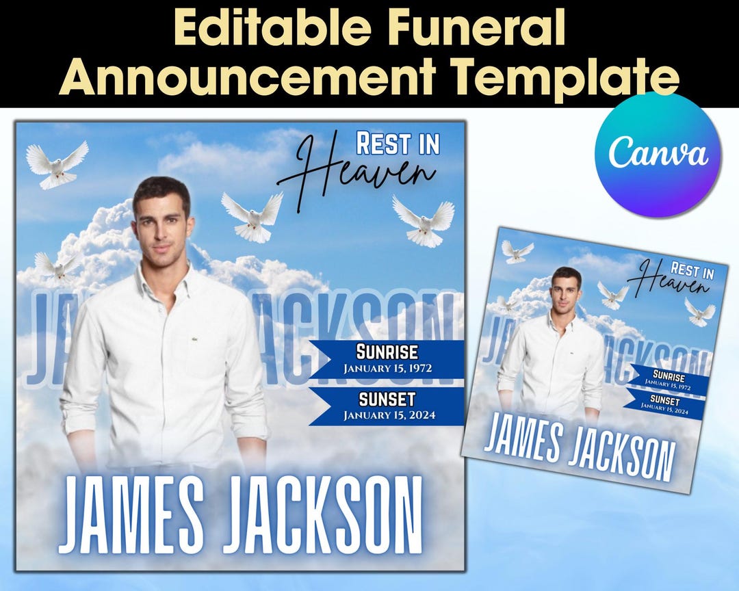 Blue Memorial Photo Tribute Template, Editable Funeral Poster (canva ...
