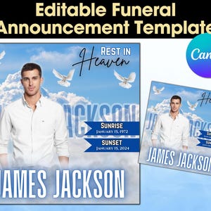 Blue Memorial Photo Tribute Template, Editable Funeral Poster (canva ...