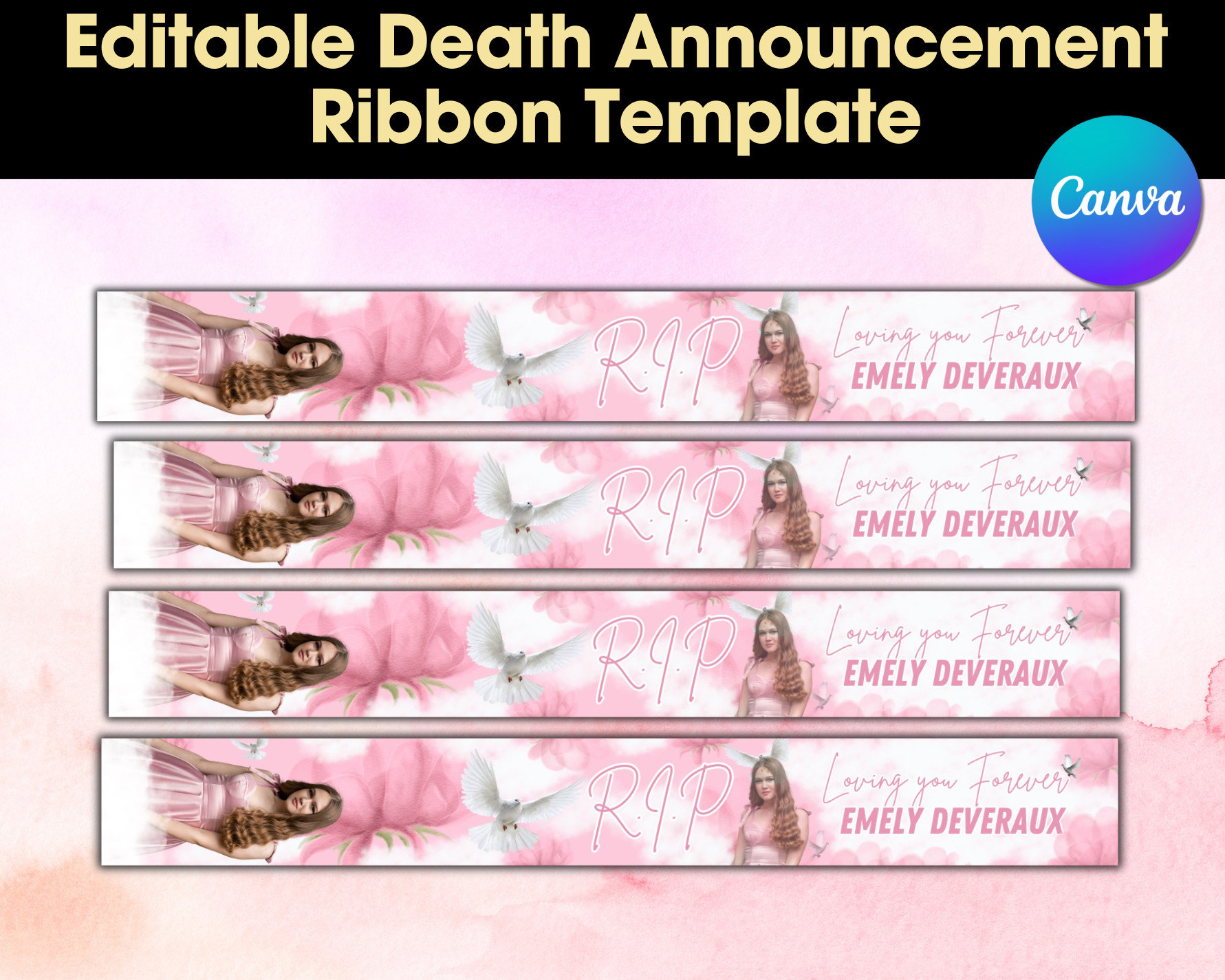 Pink Memorial Ribbon Template, Funeral Memorial Template, Death ...