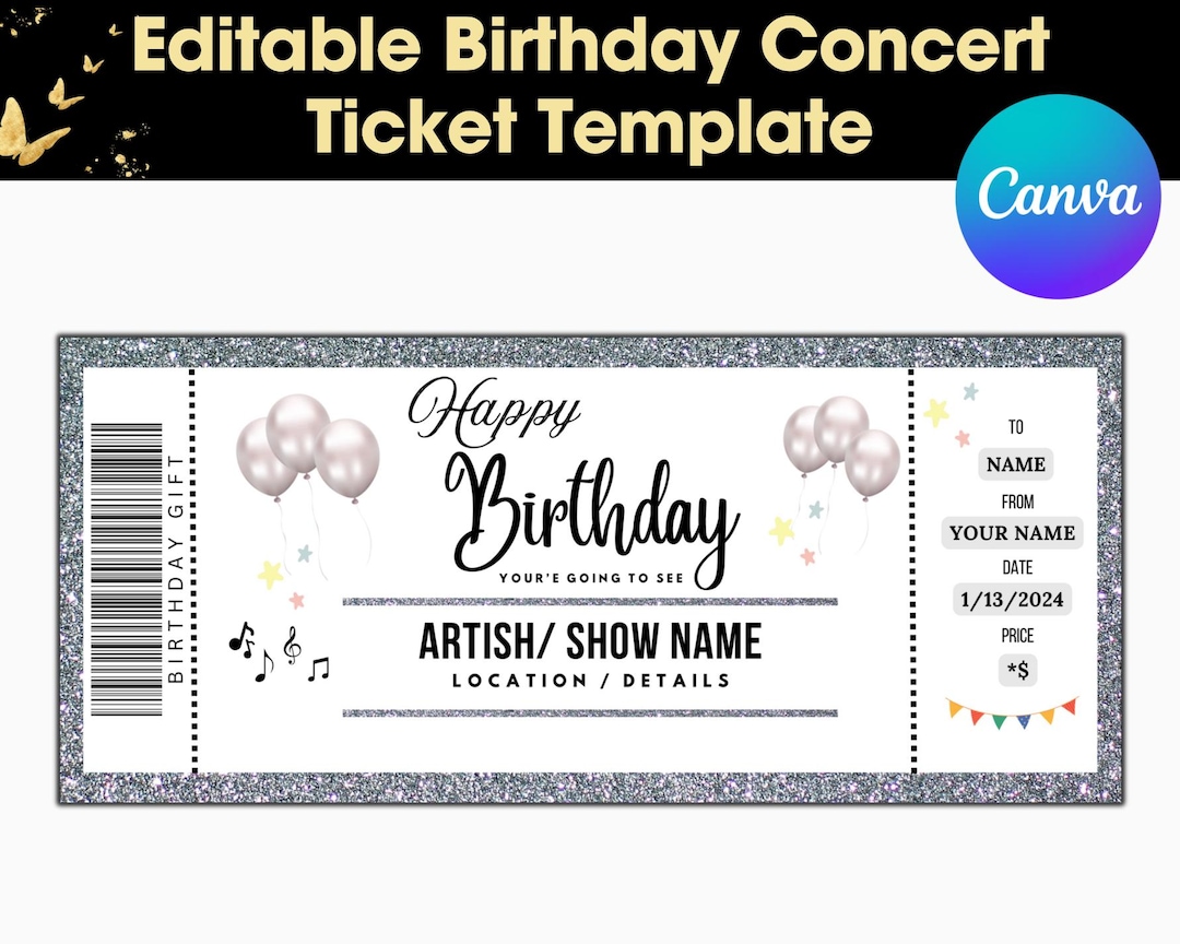 Birthday Concert Ticket Template, Printable Gift Voucher (digital ...