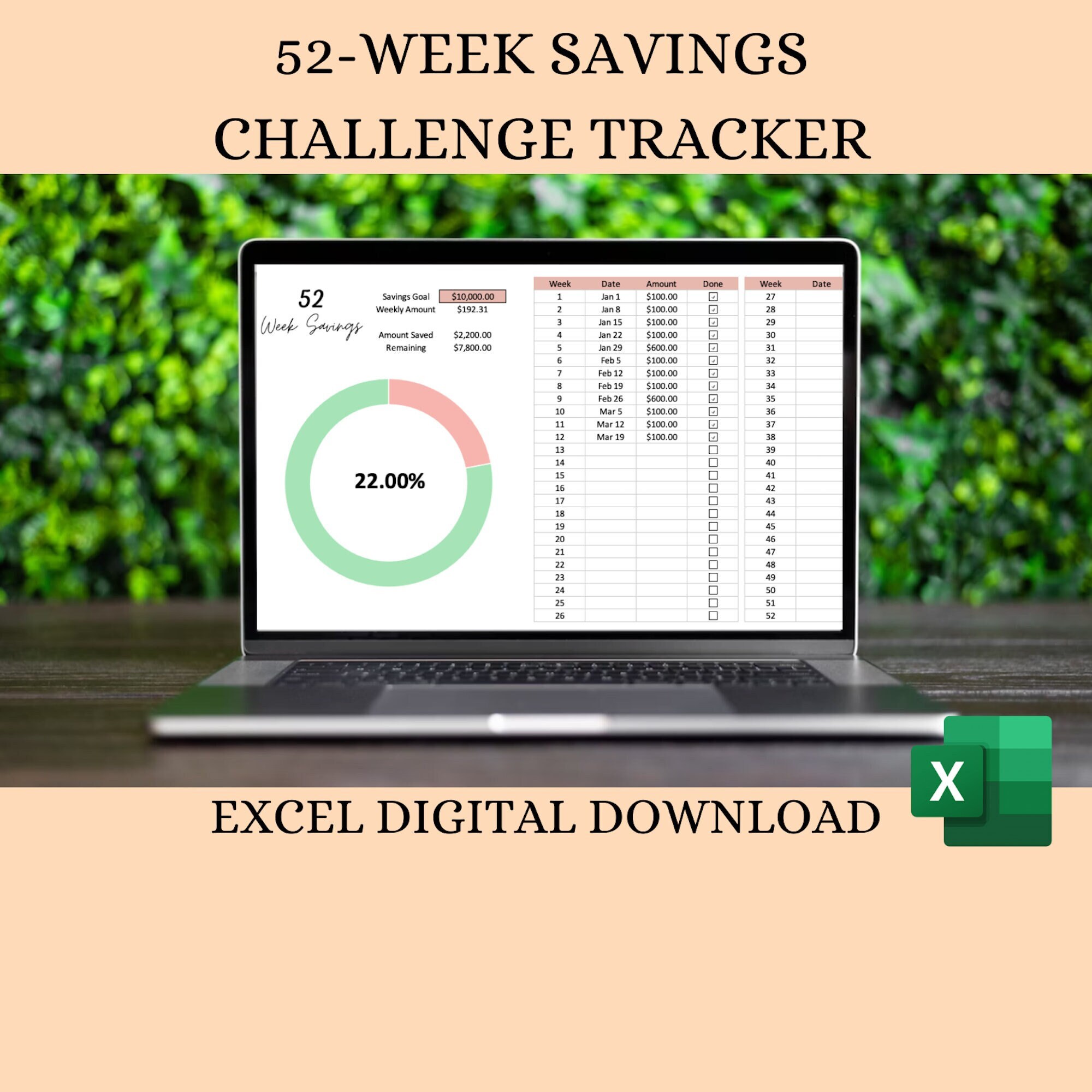 52-week Savings Challenge Tracker 52 Week Savings Spreadsheet Excel ...