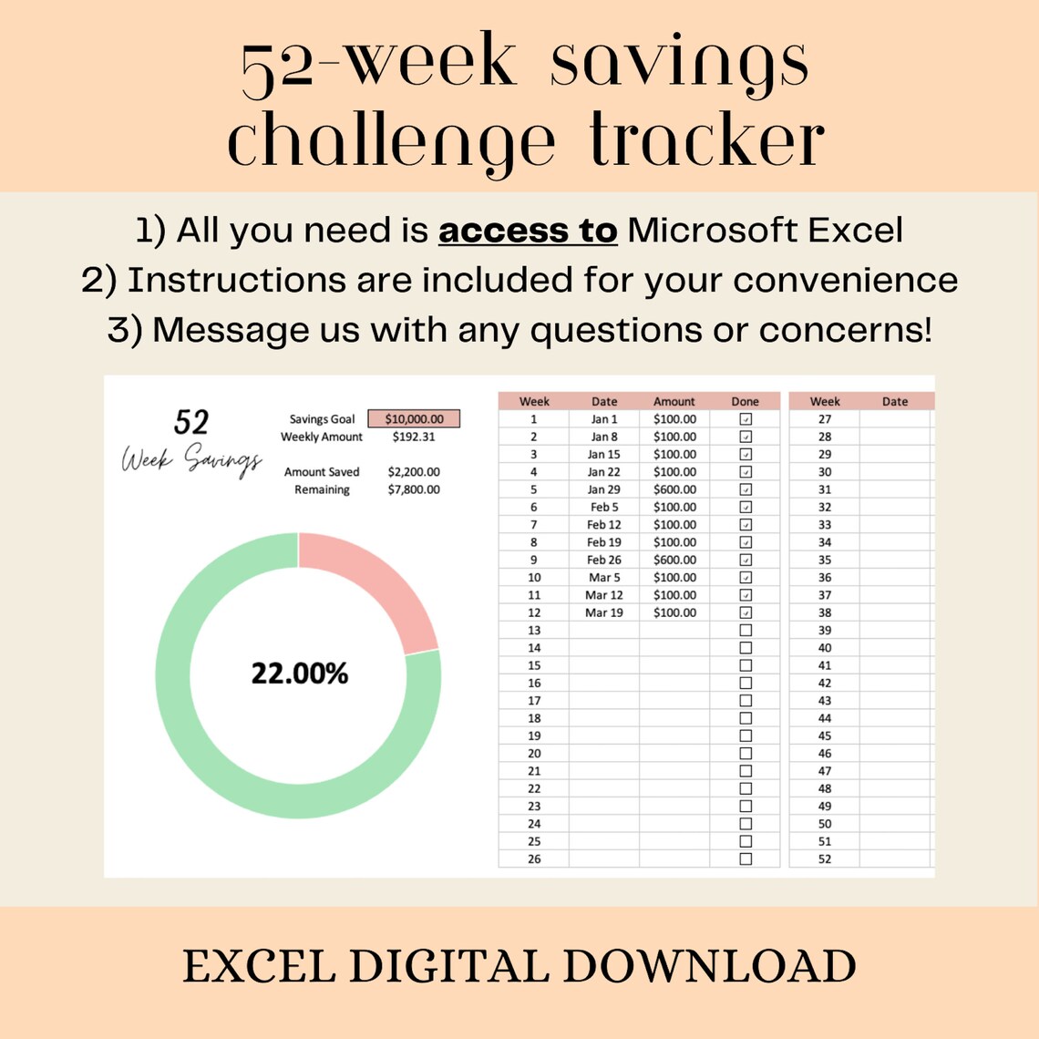 52-week Savings Challenge Tracker 52 Week Savings Spreadsheet Excel ...