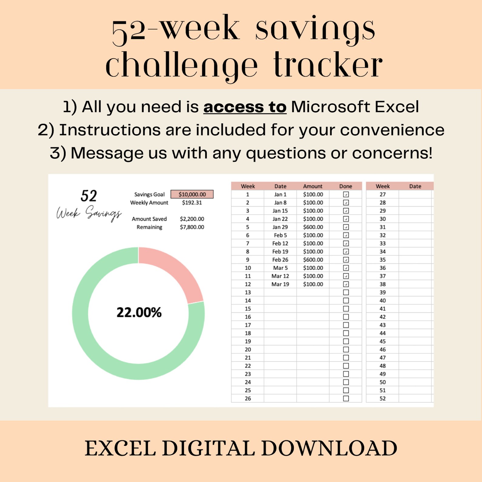52-week Savings Challenge Tracker 52 Week Savings Spreadsheet Excel ...