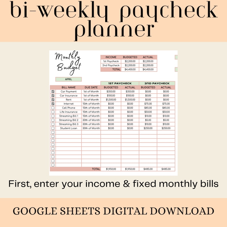 Bi-weekly Paycheck Budget Spreadsheet Paycheck Planner Sheet Google ...