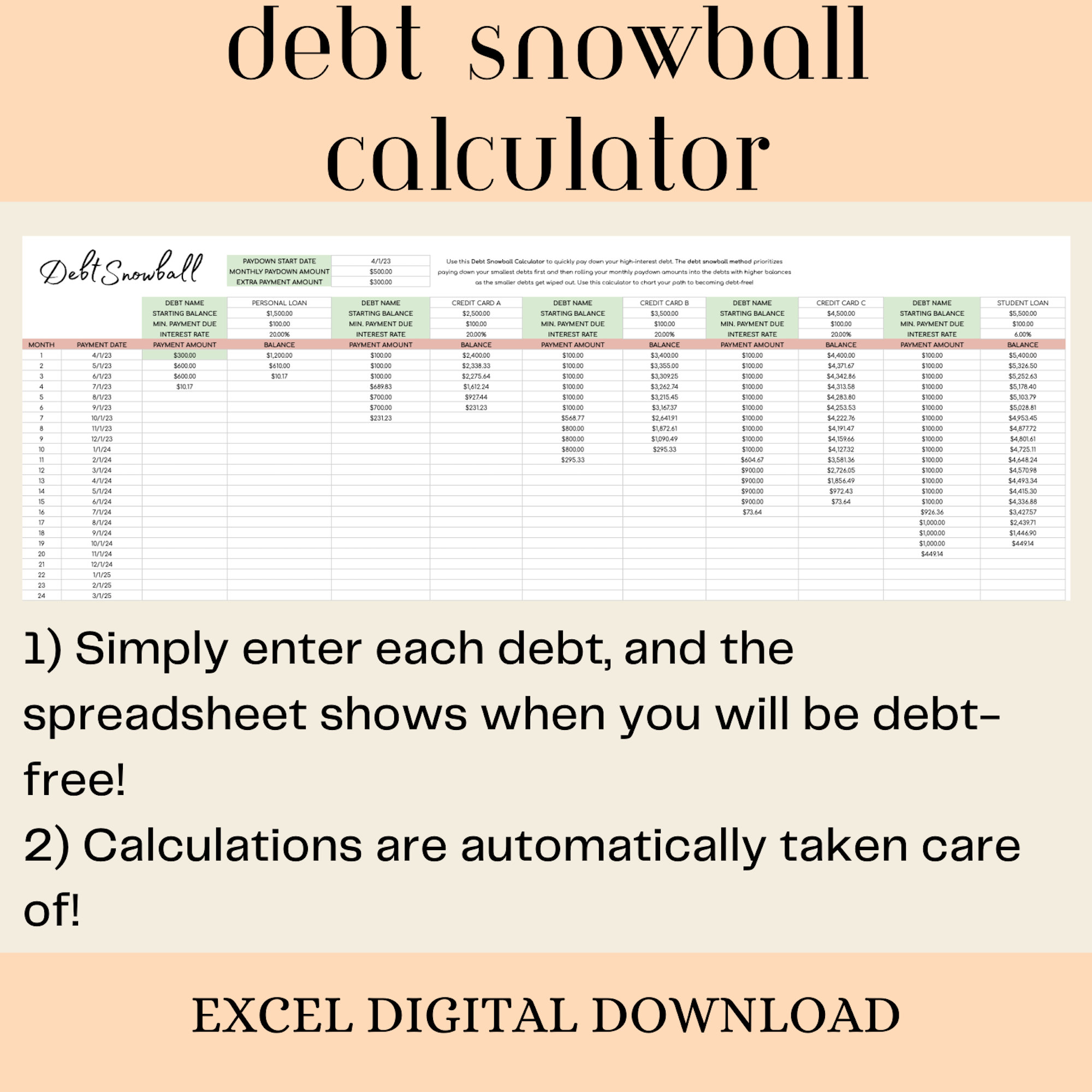Debt Snowball Tracker Debt Payoff Spreadsheet Debt Paydown Calculator ...