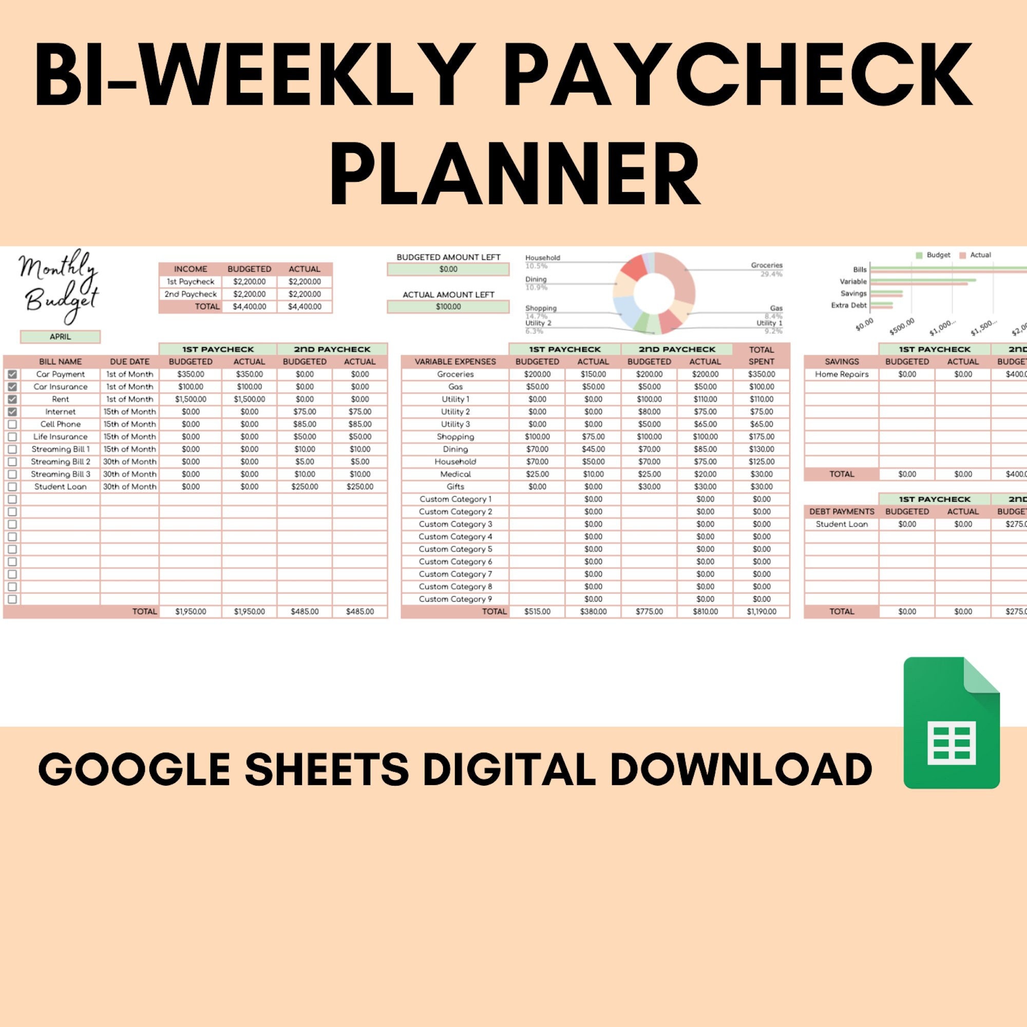 Bi-weekly Paycheck Budget Spreadsheet Paycheck Planner Sheet Google ...