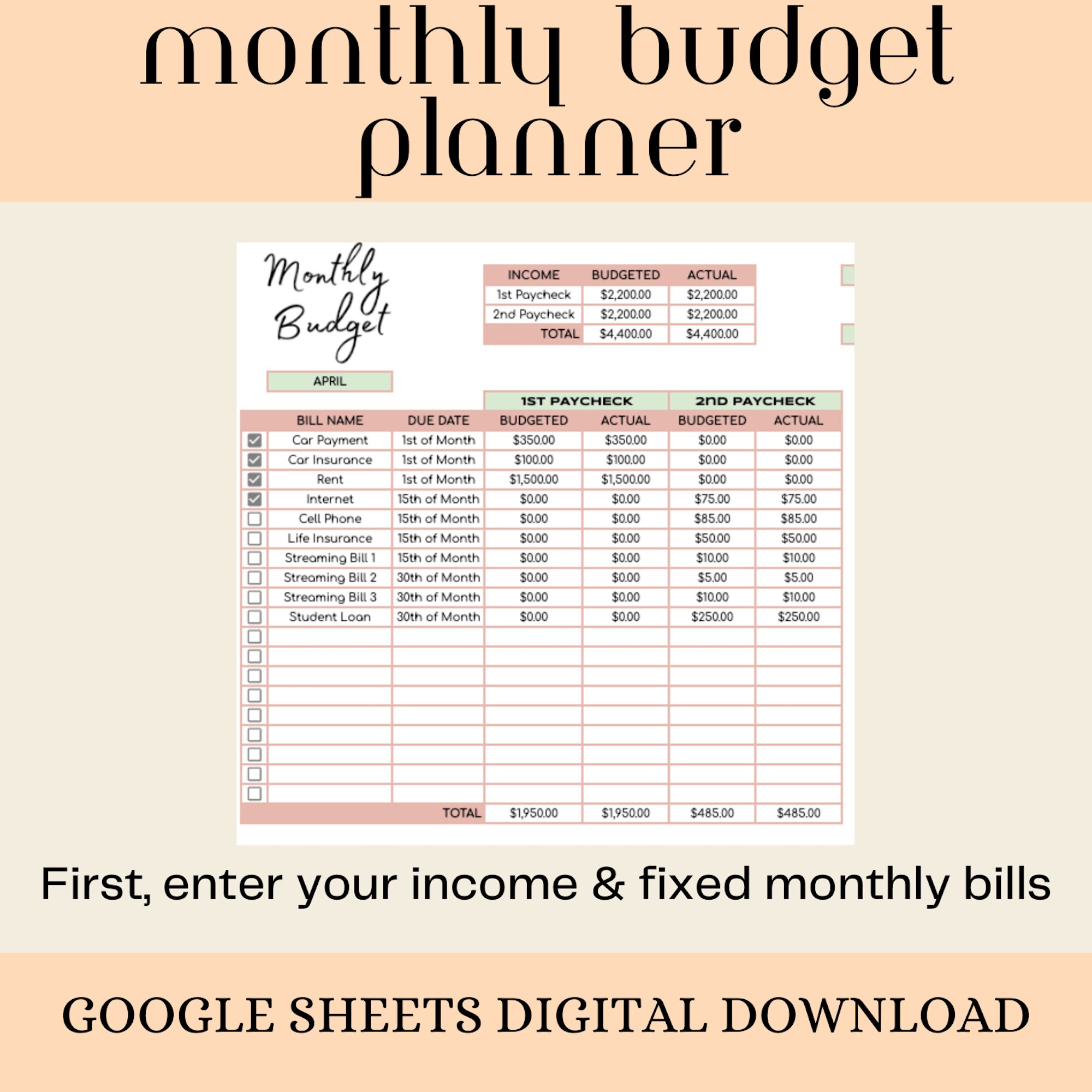 Monthly Budget Planner Sheet Digital Finance Budget Spreadsheet ...