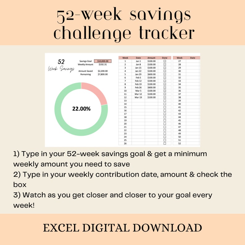 52-week Savings Challenge Tracker 52 Week Savings Spreadsheet Excel ...