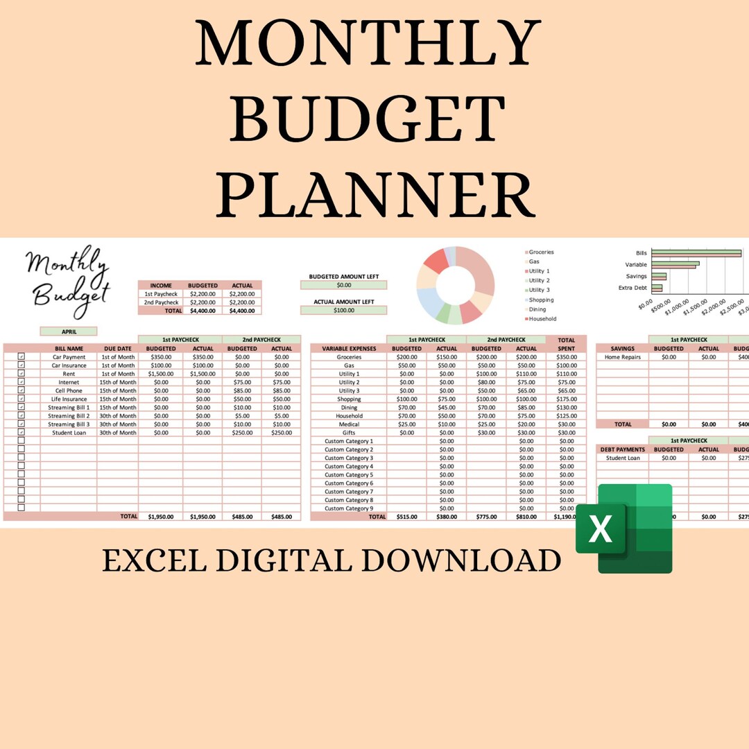 Monthly Budget Planner Sheet Digital Finance Budget Spreadsheet ...