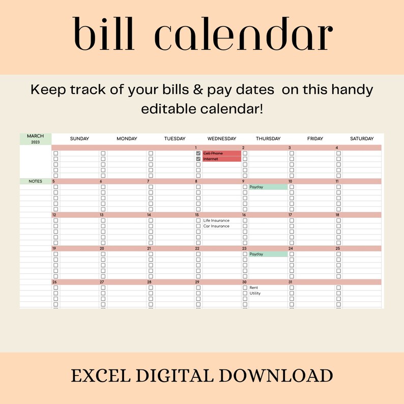 Bill Tracker Spreadsheet Bill Calendar Spreadsheet Excel Downloadable ...
