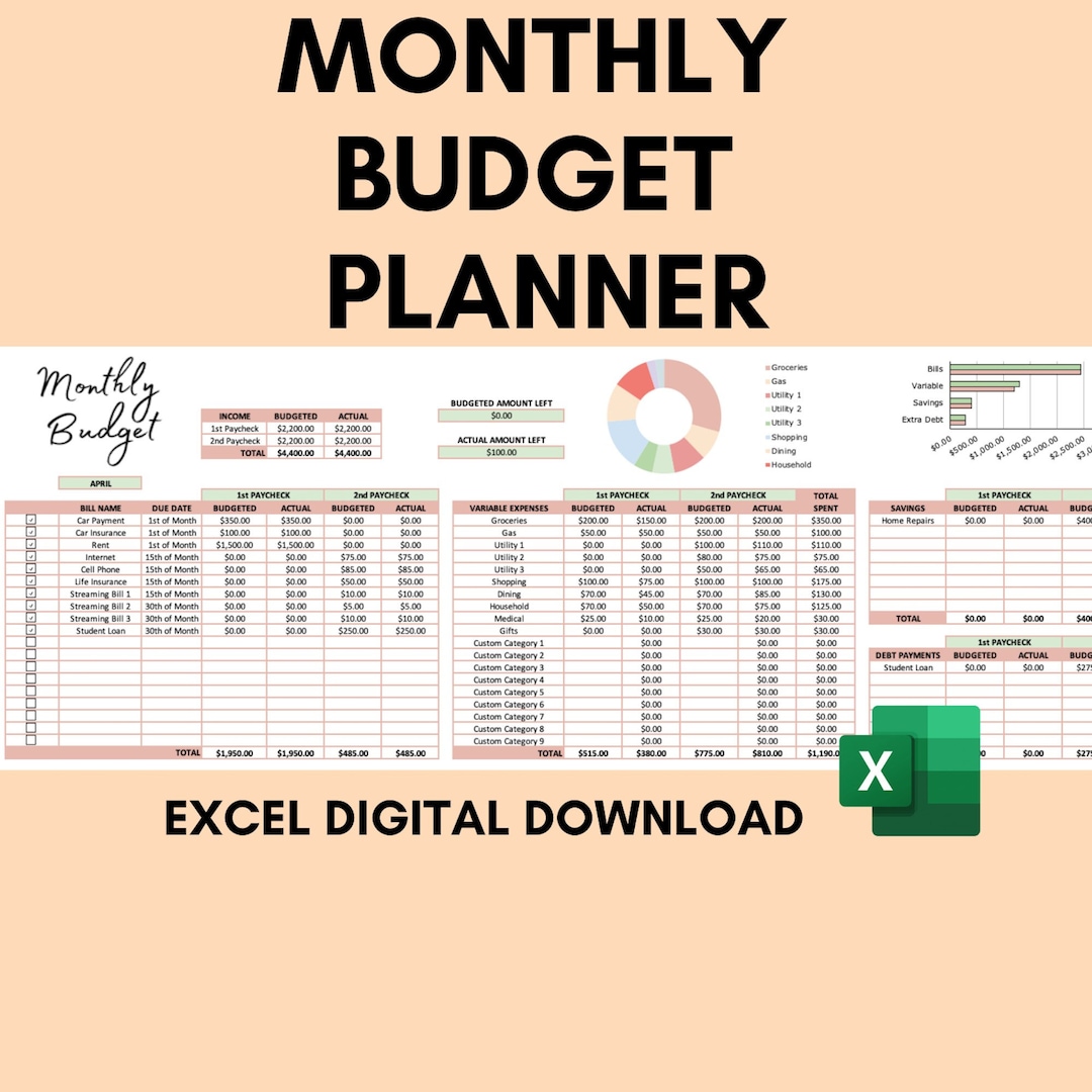 Monthly Budget Planner Sheet Digital Finance Budget Spreadsheet ...