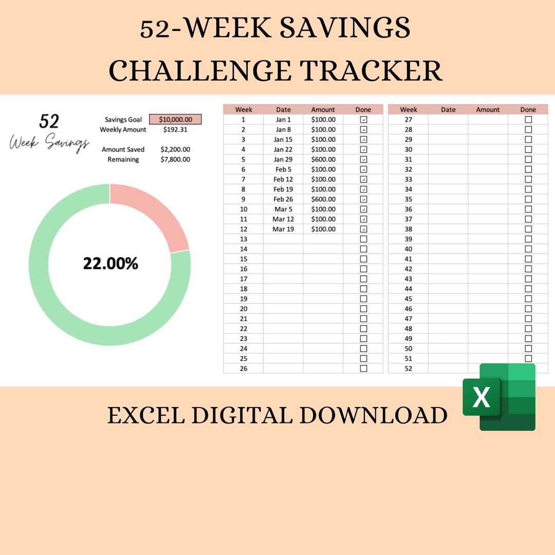 52-week Savings Challenge Tracker 52 Week Savings Spreadsheet Excel ...