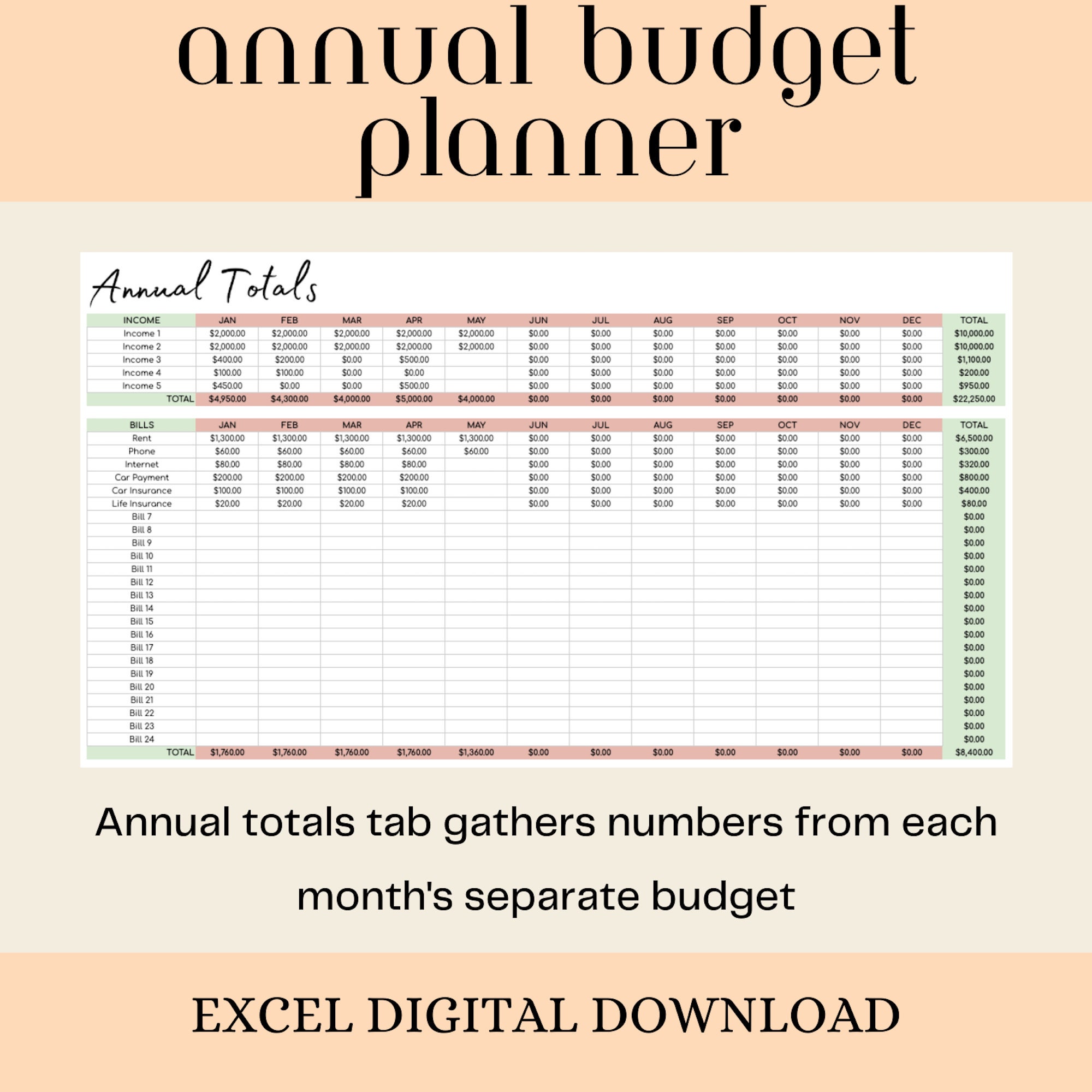 Annual Budget Sheet Yearly Budget Planner Excel Downloadable File - Etsy