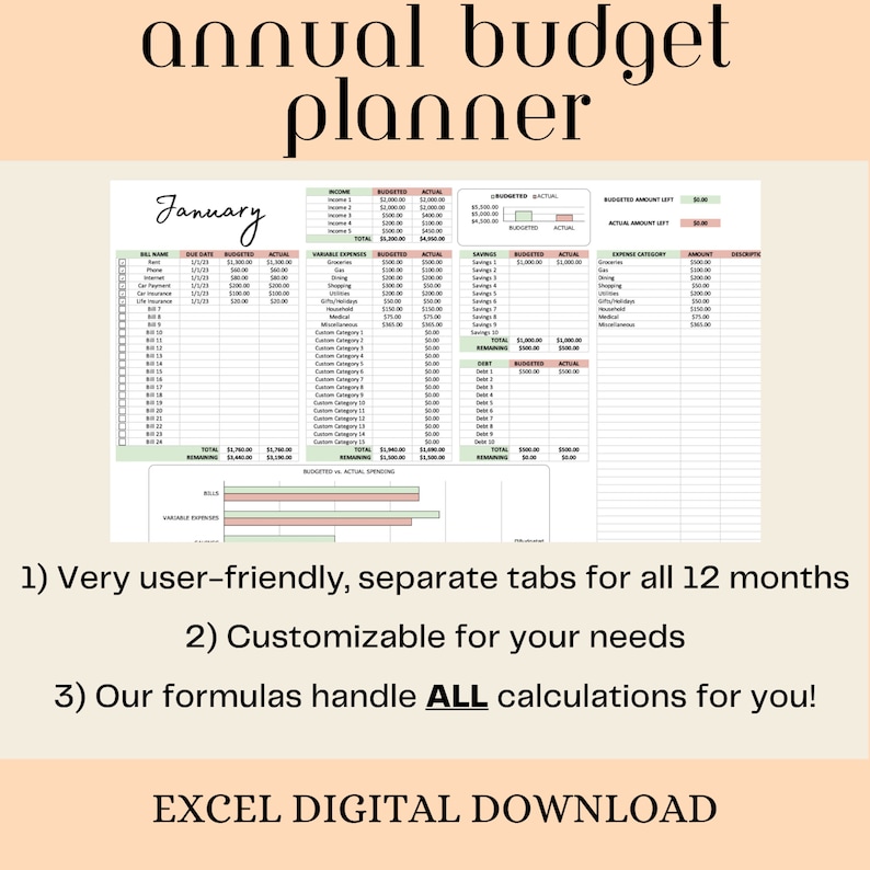 Annual Budget Spreadsheet Template Yearly Budget Tracker - Etsy