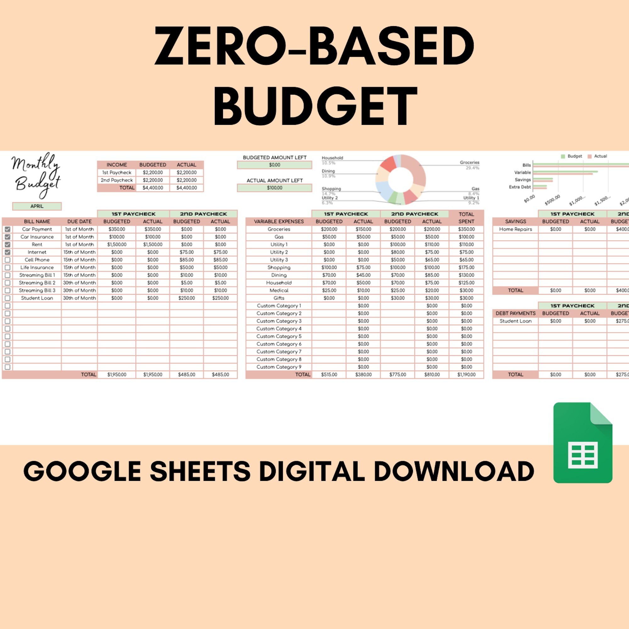 Zero-based Budget Spreadsheet Monthly Budget Planner Google Sheets Zero ...