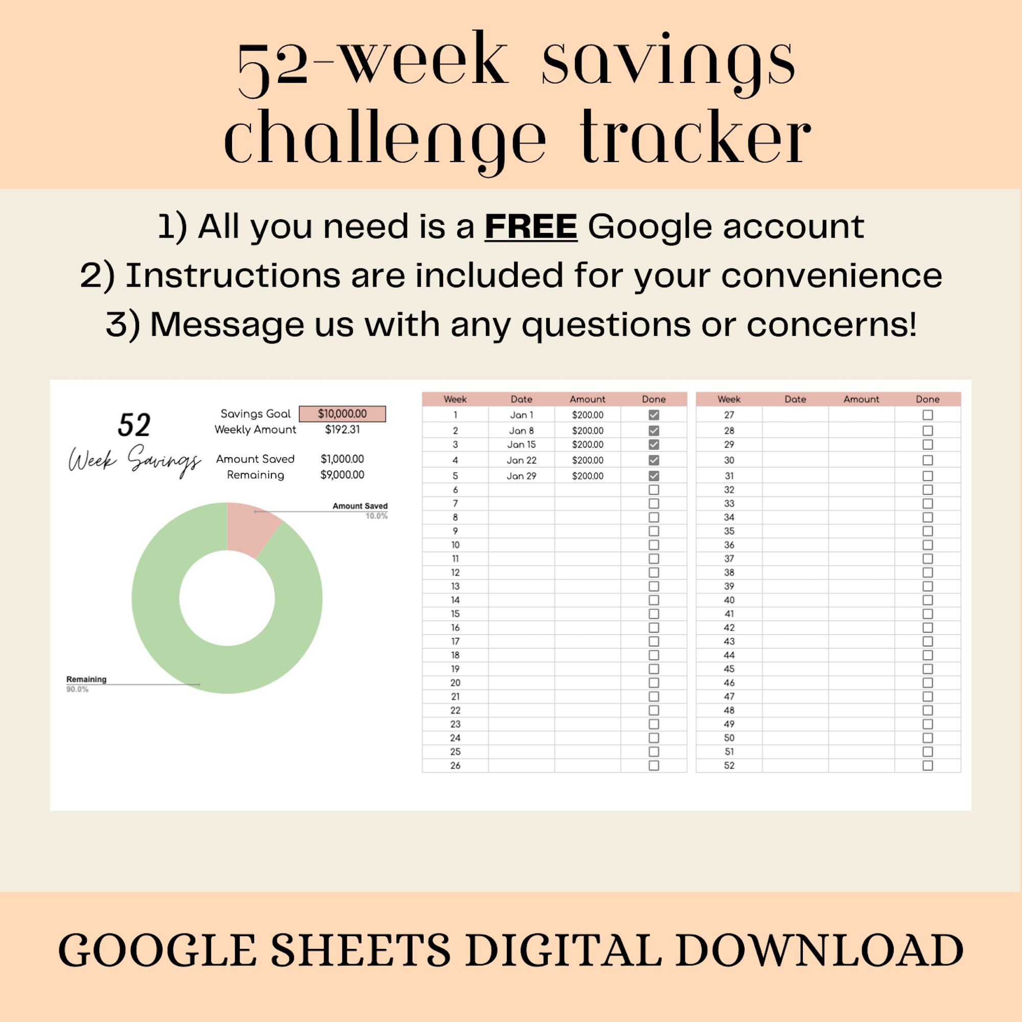 52-week Savings Challenge Tracker 52 Week Savings Spreadsheet Google ...