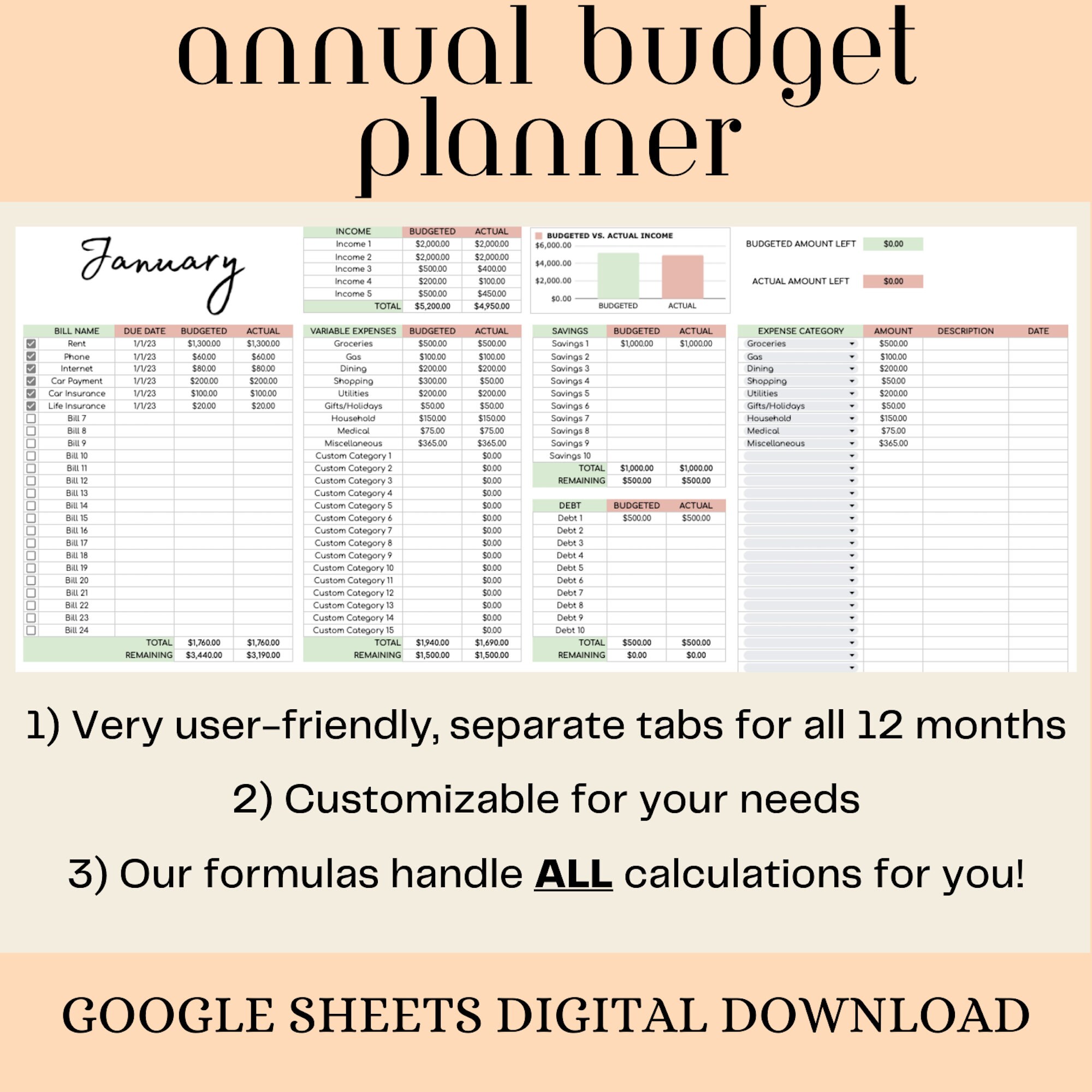 Annual Budget Spreadsheet Template Yearly Budget Tracker Personal ...