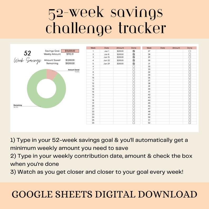 52-week Savings Challenge Tracker 52 Week Savings Spreadsheet Google ...