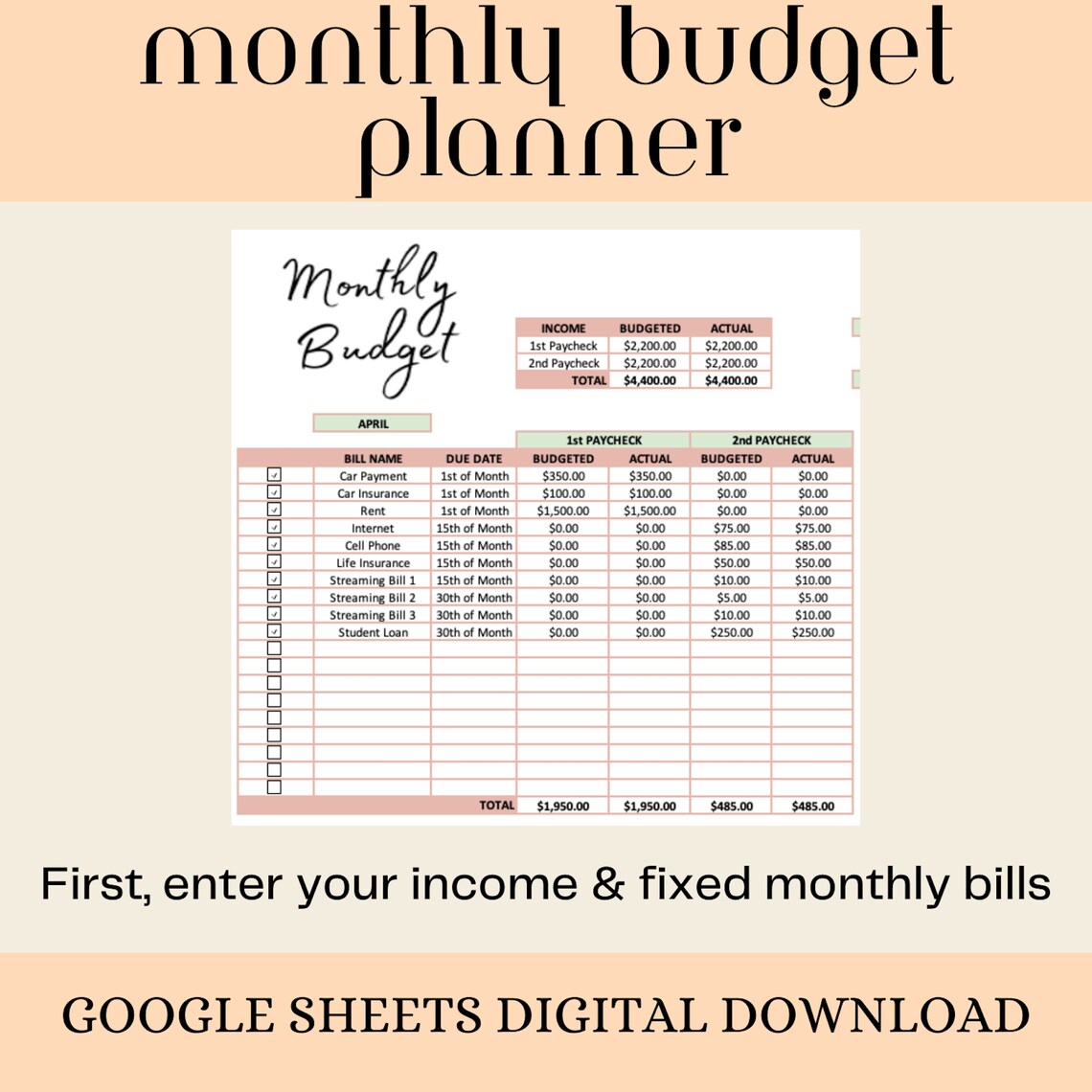 Monthly Budget Planner Sheet Digital Finance Budget Spreadsheet ...