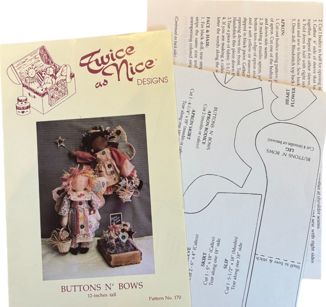 Choice of Stuffed Rag Doll Sewing Craft Pattern | 12" Buttons N' Bows ...