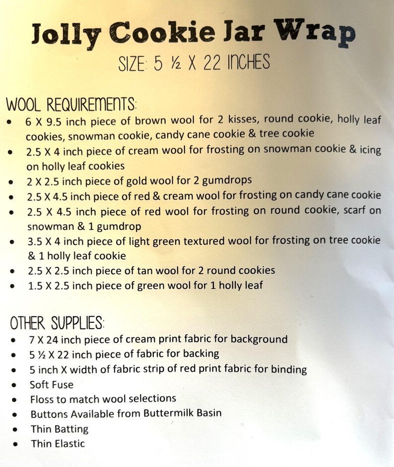 Wool Kit | 5.5" X 22" JOLLY COOKIE JAR Wrap | Full Size Pattern, Wool ...