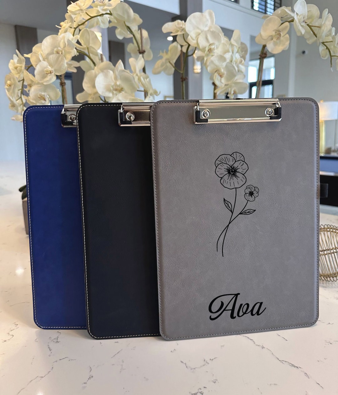 Birth Flower Engraved Vegan Leather Clipboard, Custom Personalized ...