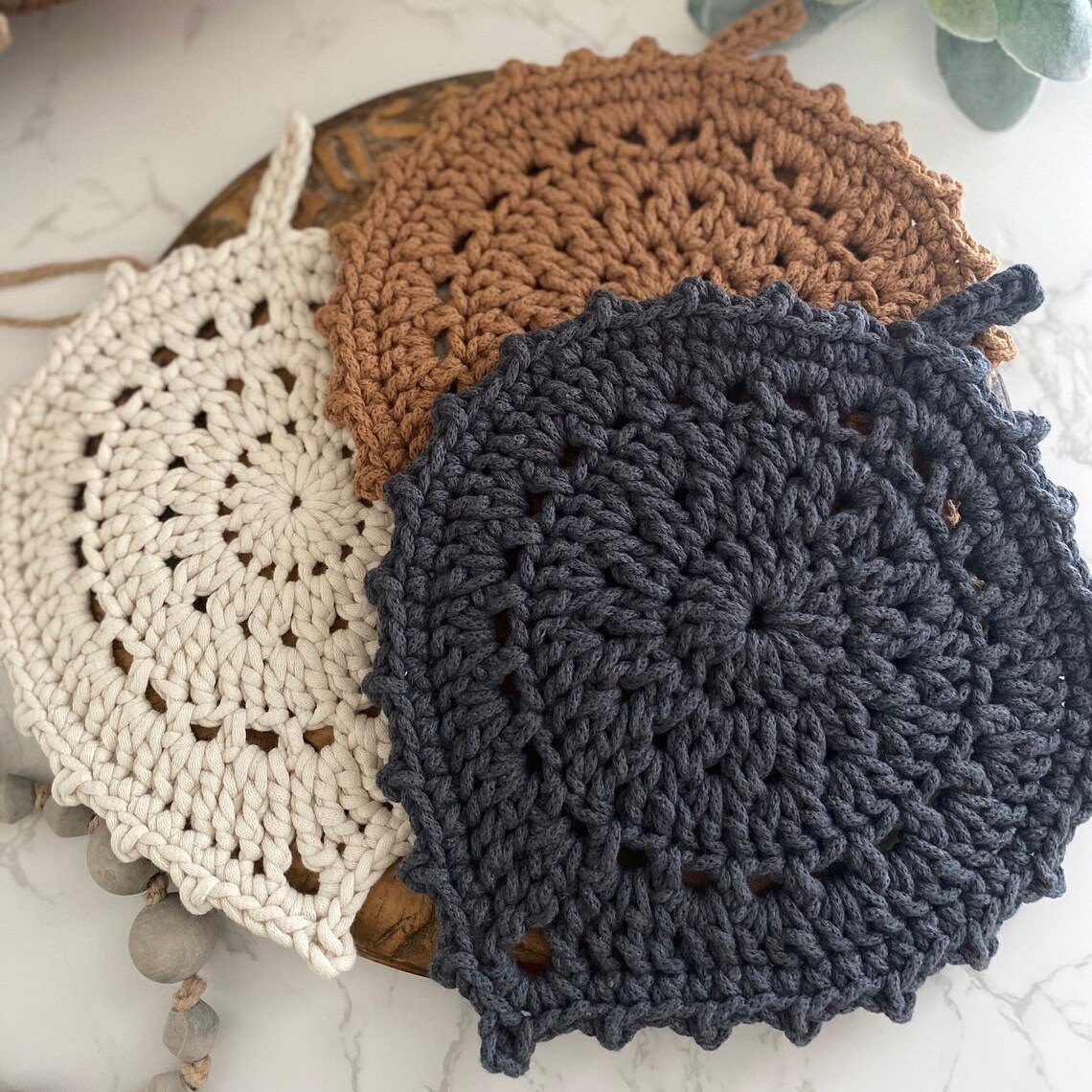 Modern Farmhouse Handmade Crochet Leaf Trivet, Natural Cotton Boho ...
