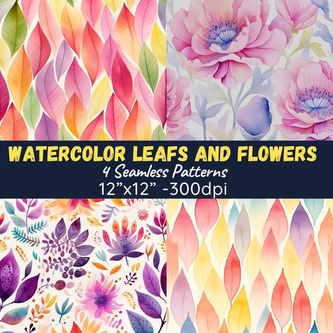 4 Watercolor Flower Seamless Pattern, Watercolor Floral Paper, Flowers ...