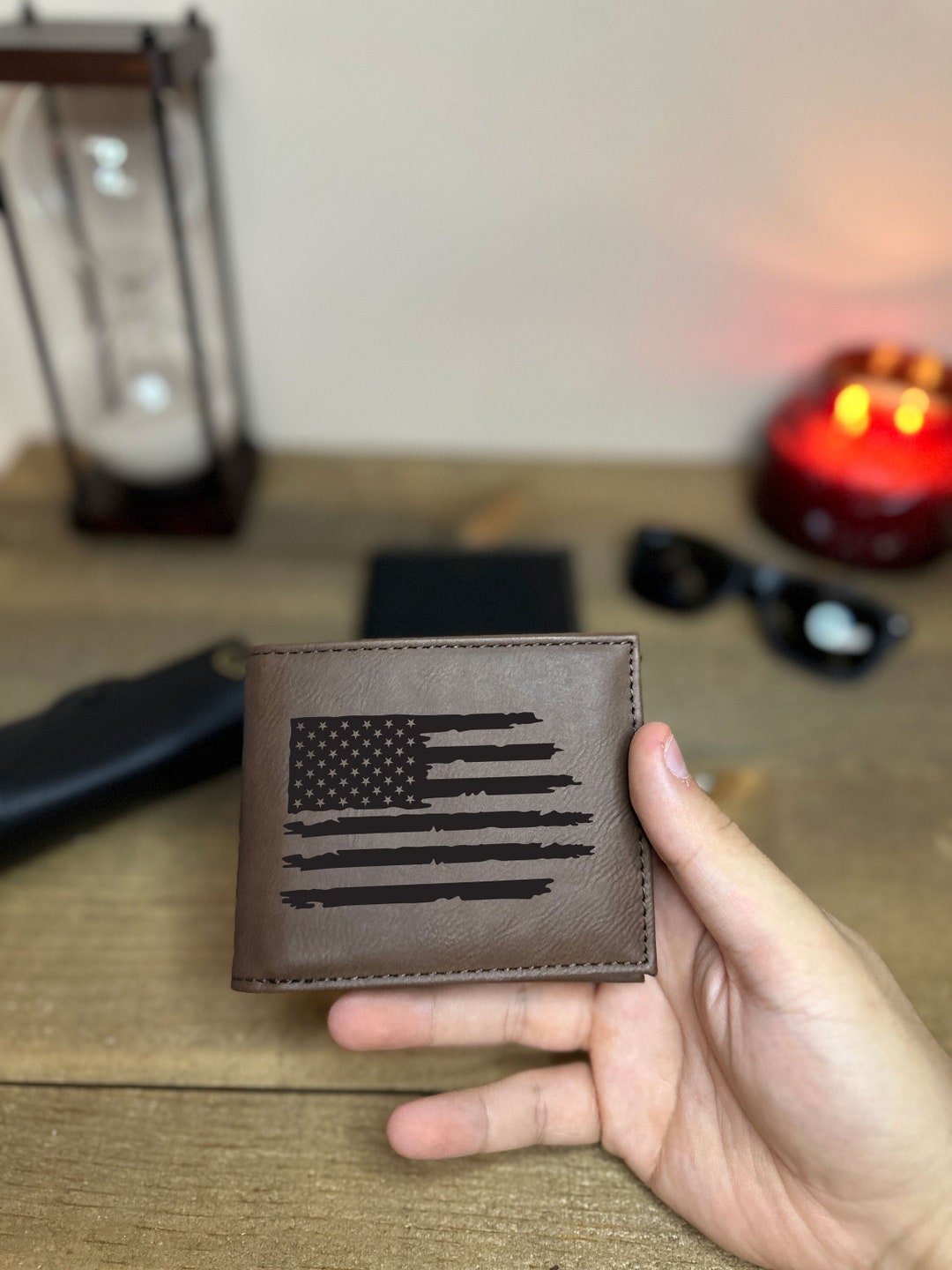 American Flag Leather Wallet, 4th of July Gift, Custom Engraved Leather ...