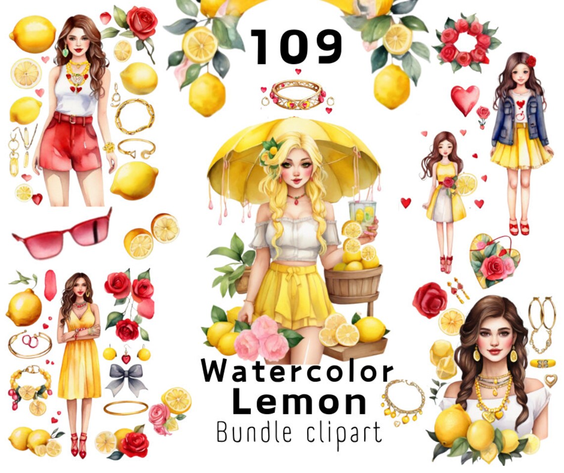 Lemon Clipart Bundle, Watercolor PNG, Lemonade Stand, Citrus Fruit ...