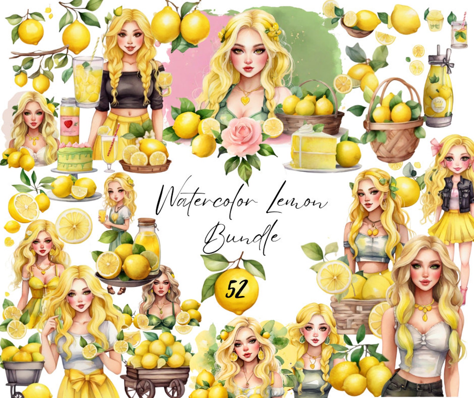 Lemon Clipart Bundle, Watercolor PNG, Lemonade Stand, Citrus Fruit ...