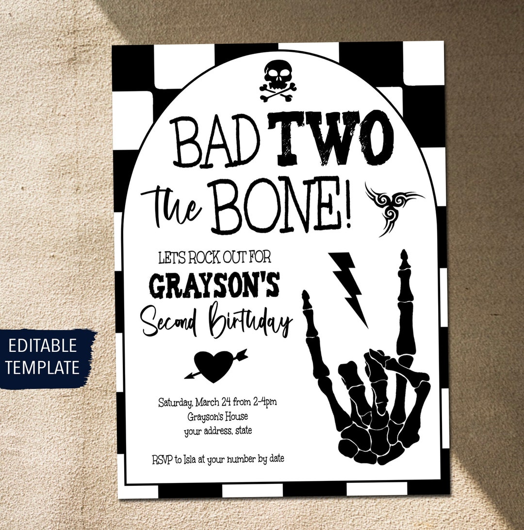 Bad TWO the Bone Tattoo Party Theme Invite, Second Birthday Idea, Rock ...