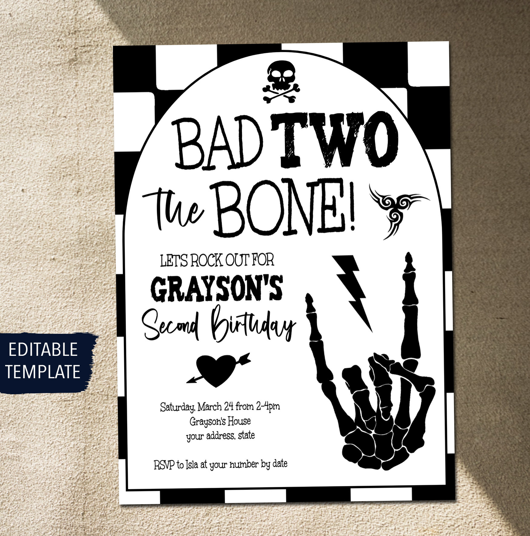 Bad TWO the Bone Tattoo Party Theme Invite, Second Birthday Idea, Rock ...