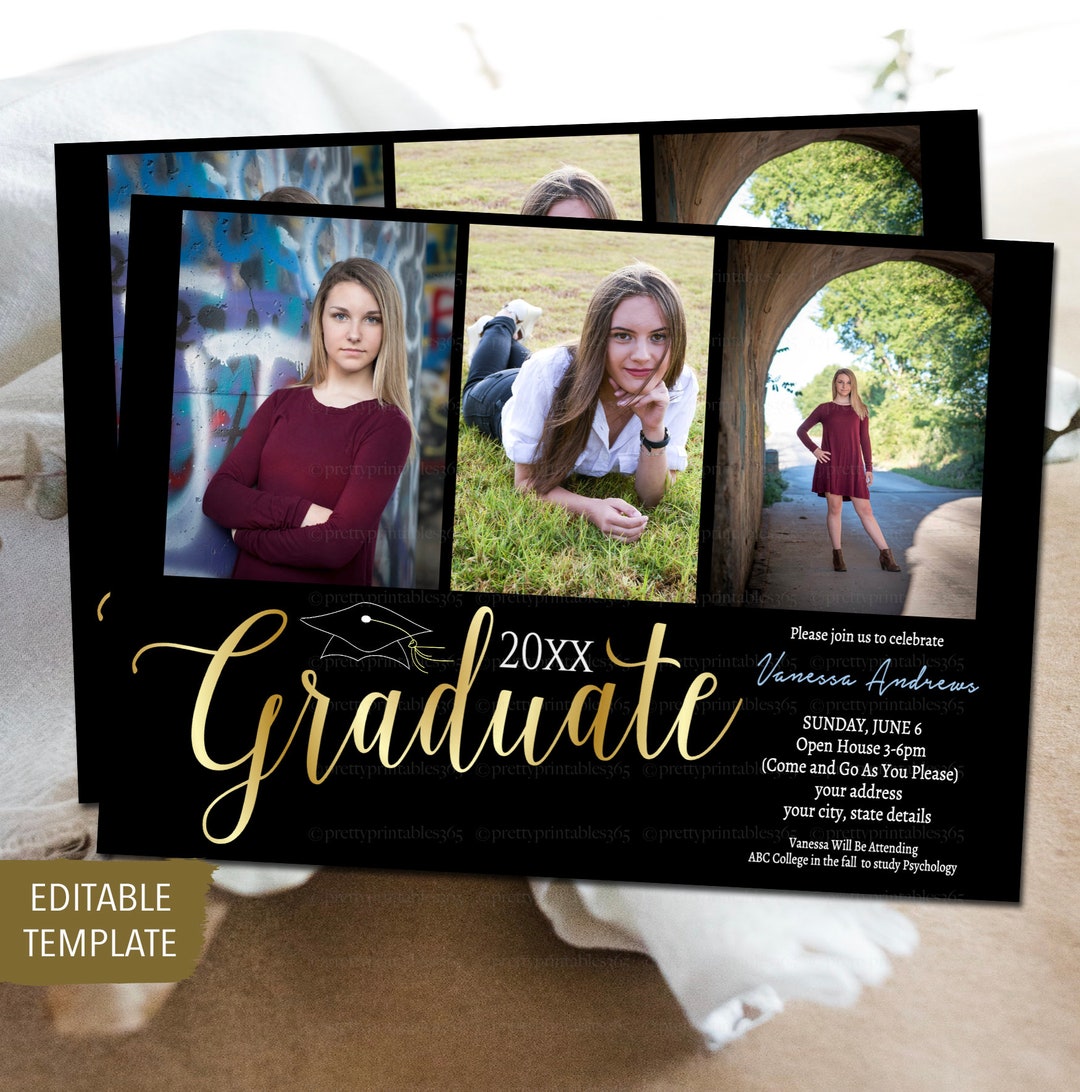 Graduation Photo Collage Invite Template, Printable Editable, High ...