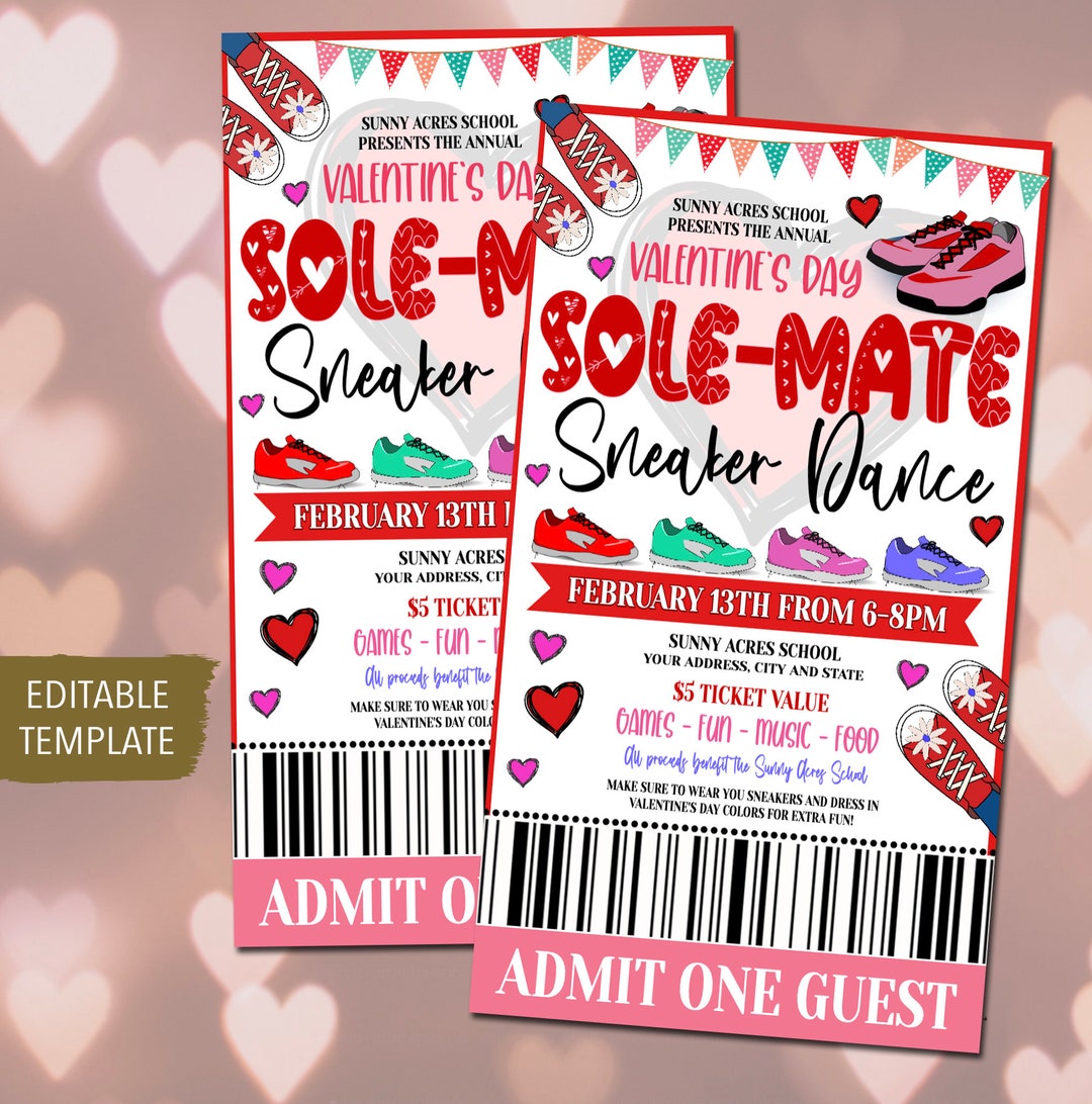 Valentine Sneaker Dance Ticket Template, Sole-mate Valentines Printable ...