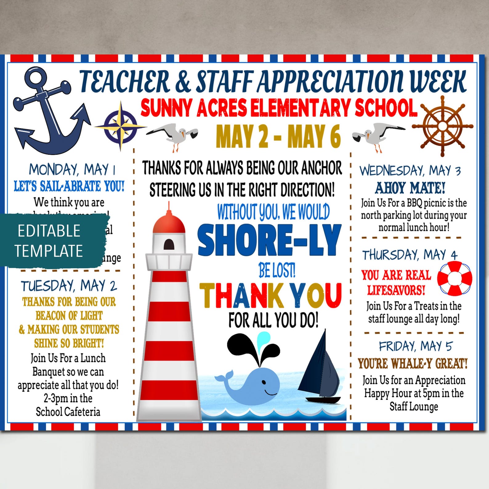 Nautical Themed Teacher Appreciation Week Itinerary Poster Printable ...