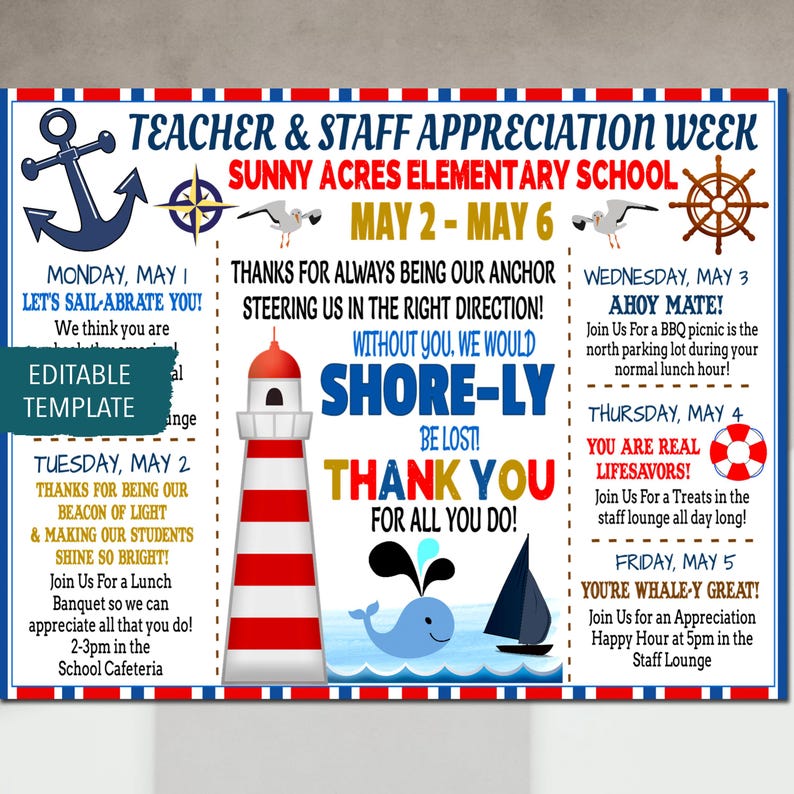 Nautical Themed Teacher Appreciation Week Itinerary Poster Printable ...