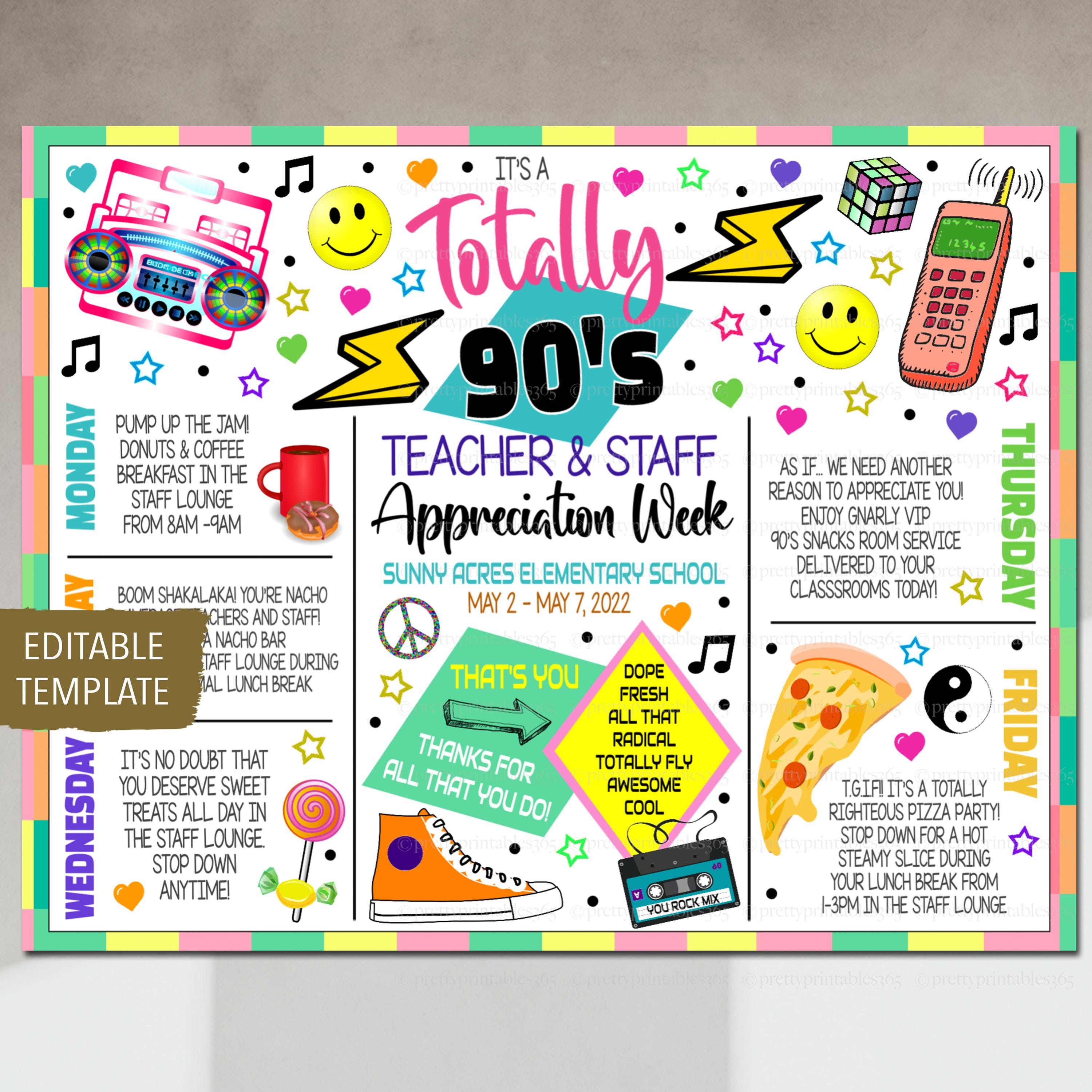 80s 90s Theme Teacher Appreciation Week Itinerary, Retro Throwback Old ...