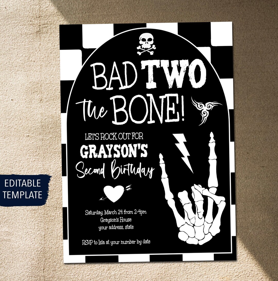 Bad TWO the Bone Tattoo Party Theme Invite, Second Birthday Idea, Rock ...