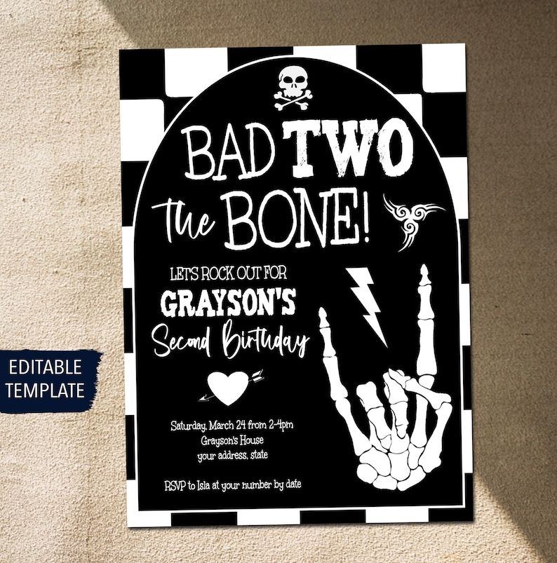 Bad TWO the Bone Tattoo Party Theme Invite, Second Birthday Idea, Rock ...