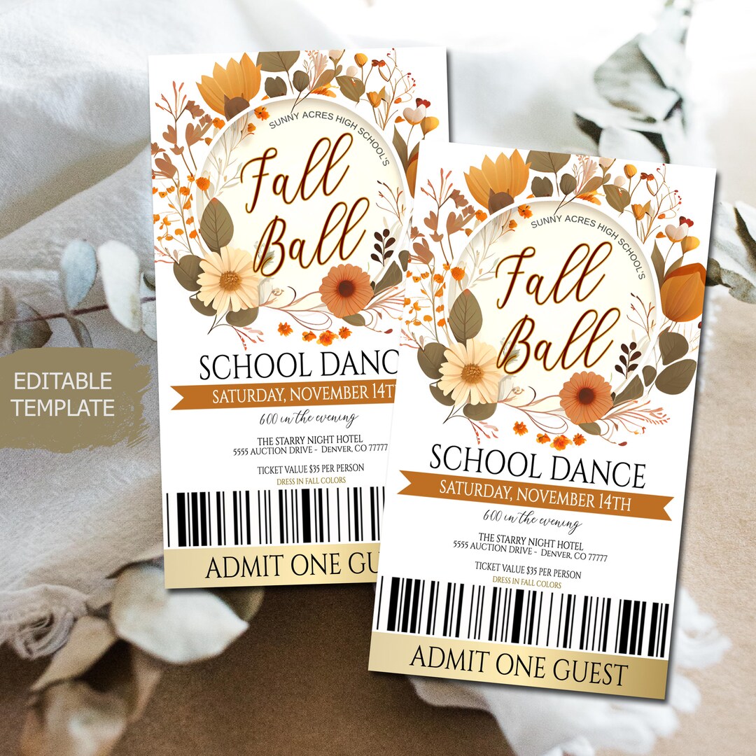 Fall Ball Event Theme Ticket Template Printable High School Formal ...