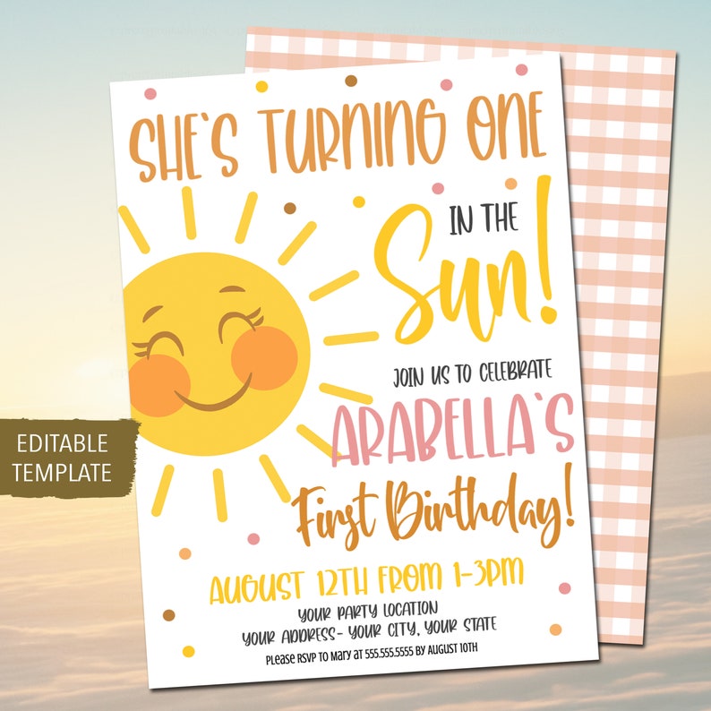 One in the Sun Birthday Party Invitation Template, First Birthday Fun ...