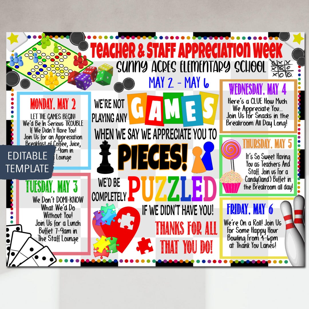 Board Games Themed Teacher Appreciation Week Itinerary Poster Printable ...