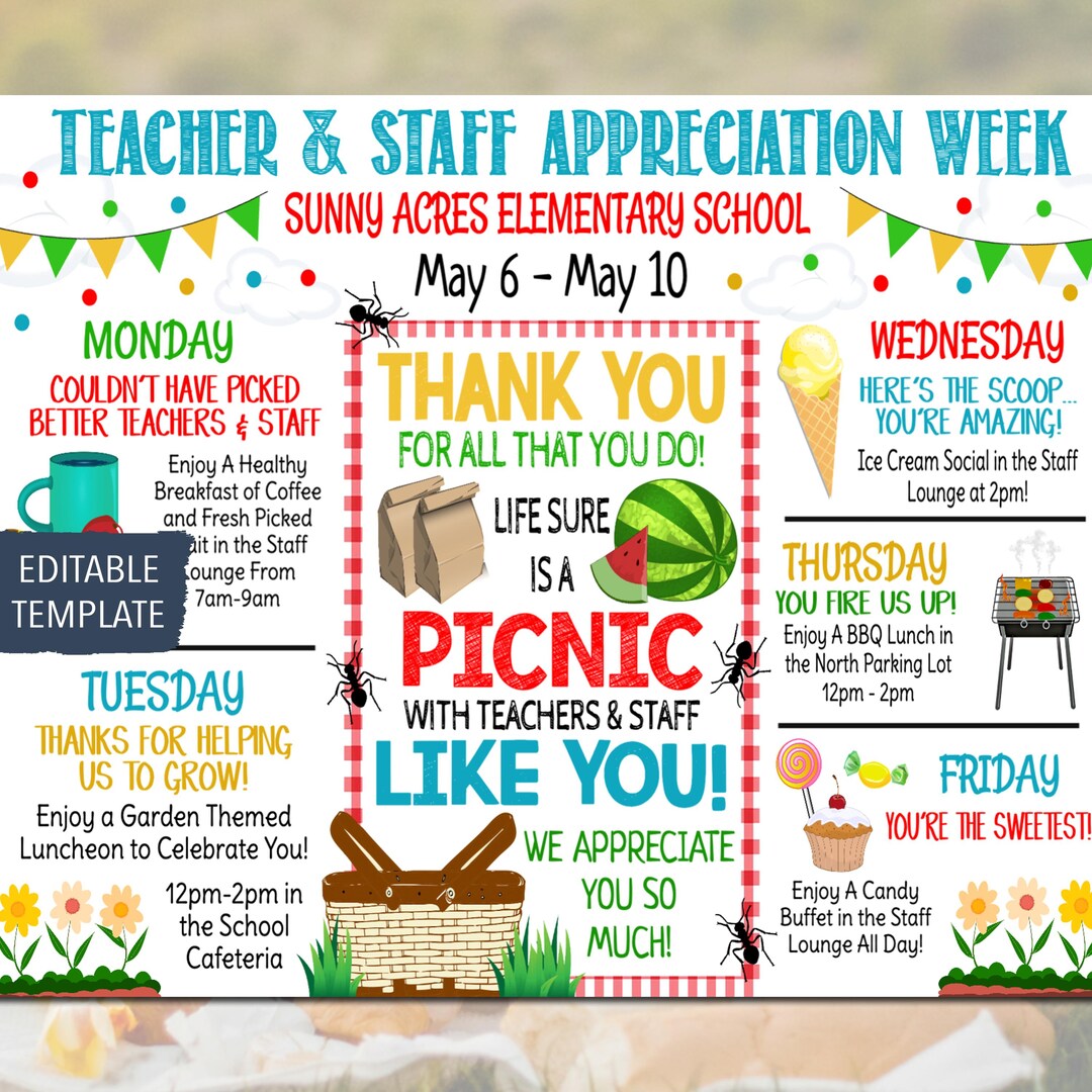 Picnic Themed Teacher Appreciation Week Itinerary Poster Printable ...
